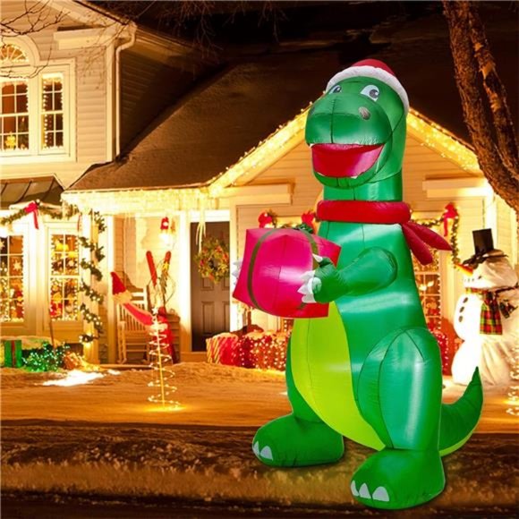 Holiday | 8ft Inflatables Lighted Green Dinosaur With Christmas Hat And ...